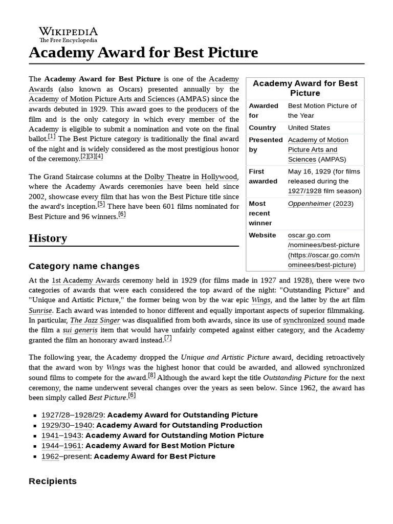 Best Picture Oscar Overview | PDF | Academy Award For Best Picture