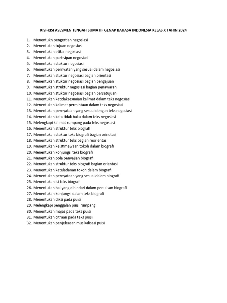 Kisi - Kisi Asesmen Sumatif Semester Genap Kelas X | PDF | Karier & Perkembangan | Kajian Bahasa ...