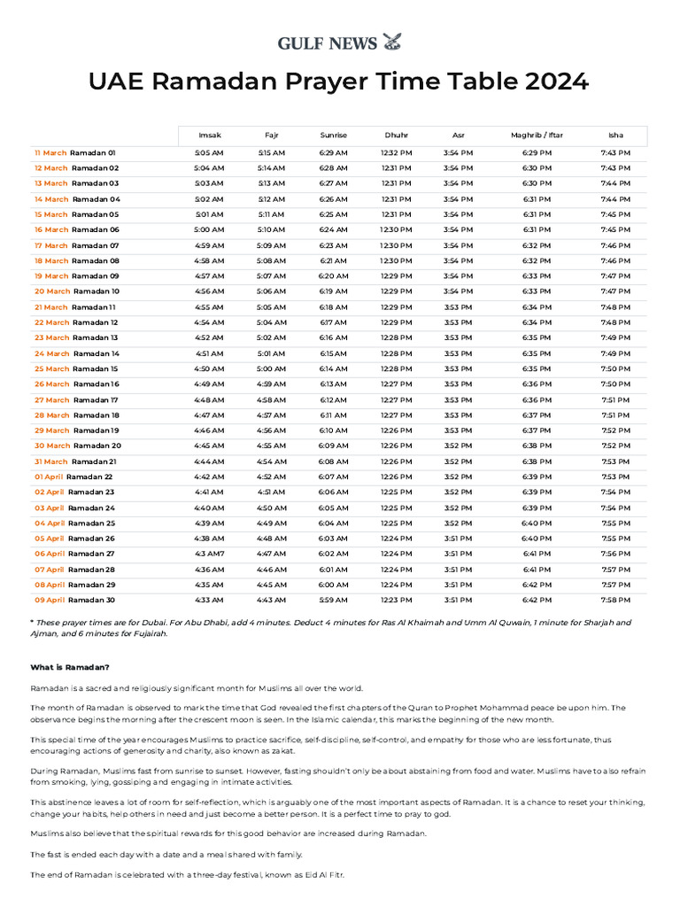 UAE Ramadan Prayer Times 2024 | PDF | Ramadan | Islamic Ethics