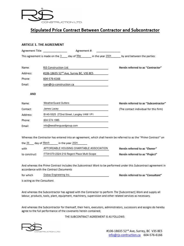 Stipulated Price Agreement 3 | PDF | General Contractor | Subcontractor
