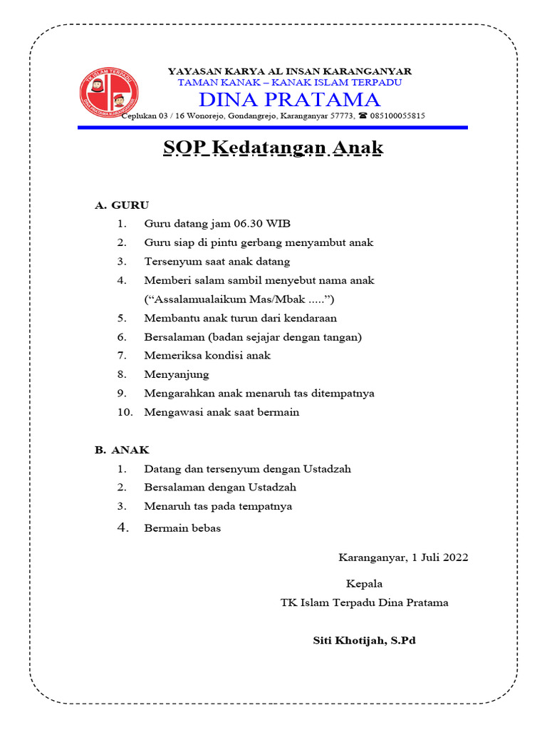 SOP Kedatangan Anak TK | PDF | Kesehatan Holistik | Gaya Hidup