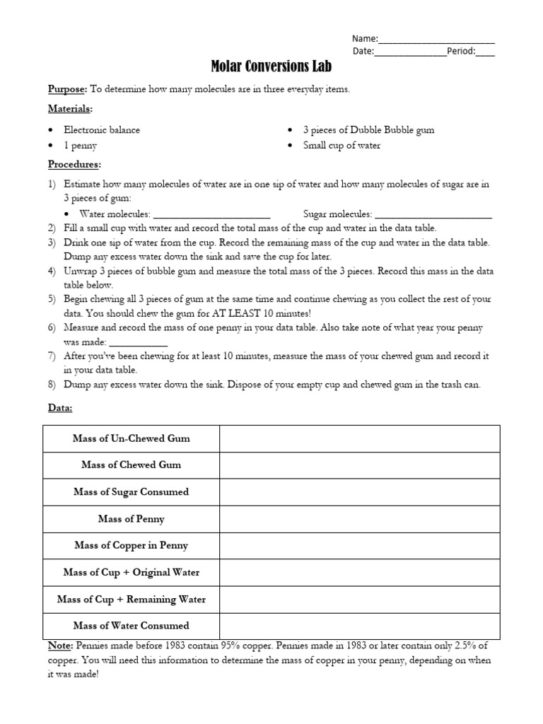05-1B Molar - Conversions - Lab | PDF | Water | Materials