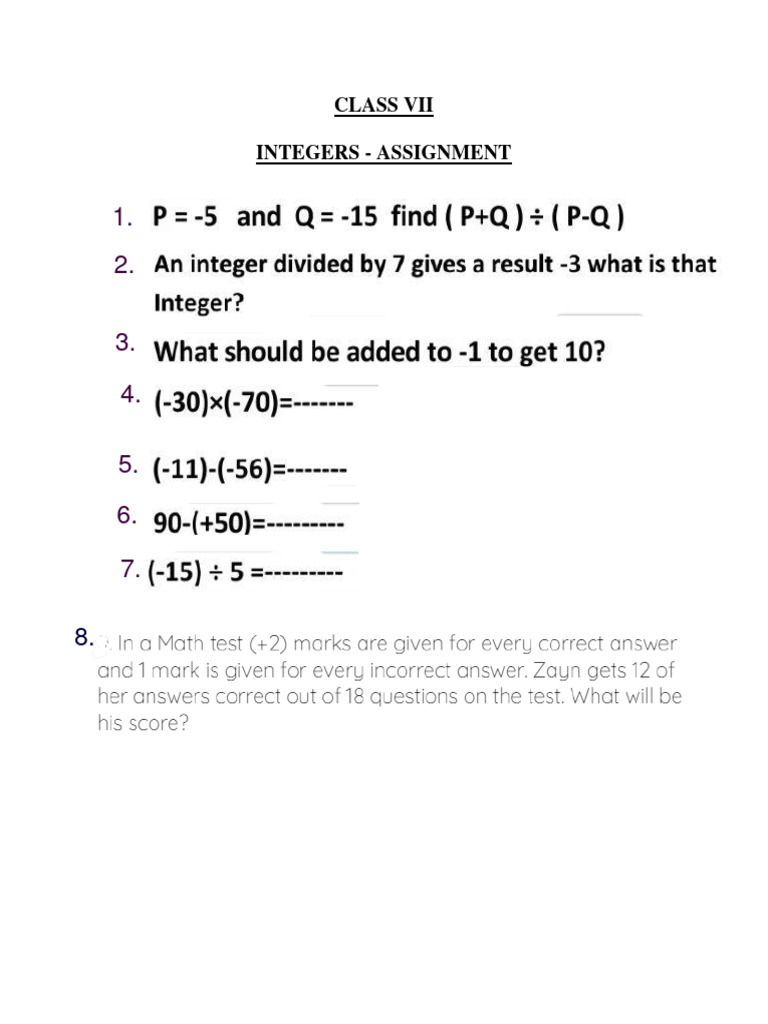 Class VII Integers Assignment | PDF