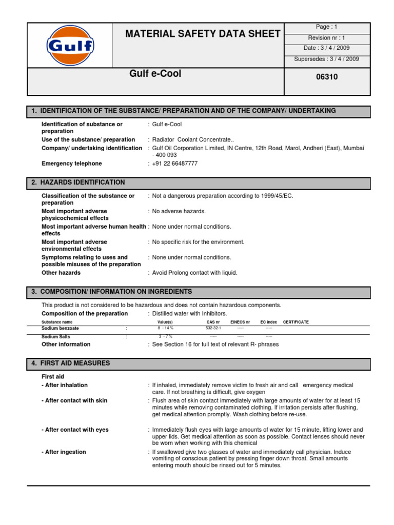 Gulf-e-Cool - MSDS | Download Free PDF | Toxicity | Personal Protective ...