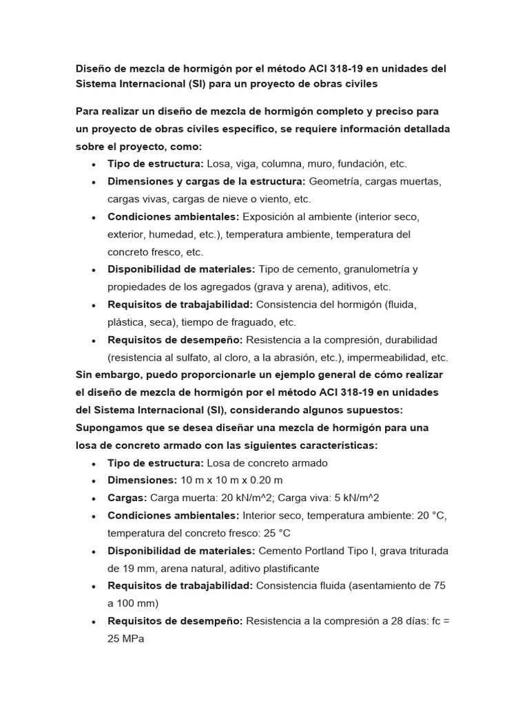 Diseño de mezcla de hormigón ACI 318-19 SI | PDF | Hormigón | Cemento