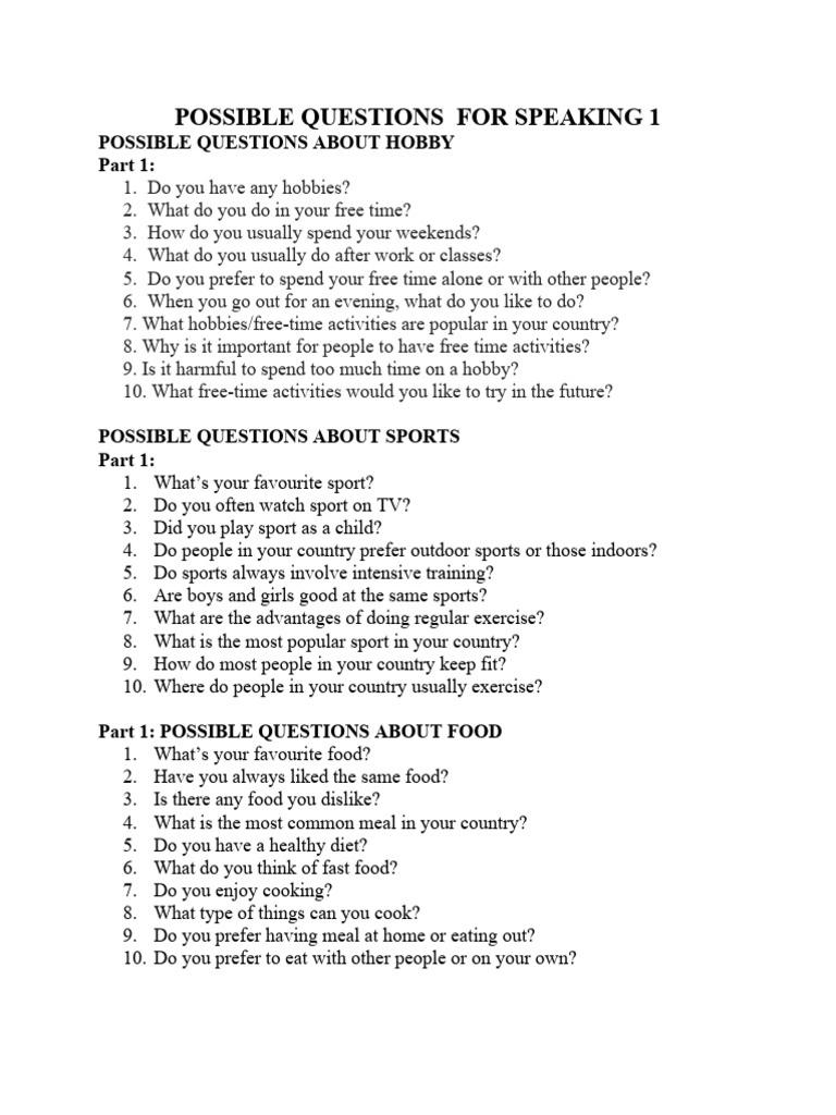 Possible Questions For Speaking 1 | PDF | Schools | Leisure