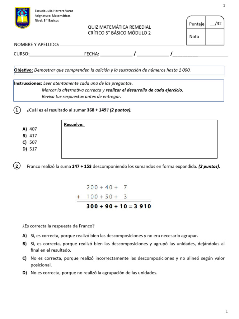 Evaluacion Sumas y Restas 5tos | PDF | Sustracción | Notación