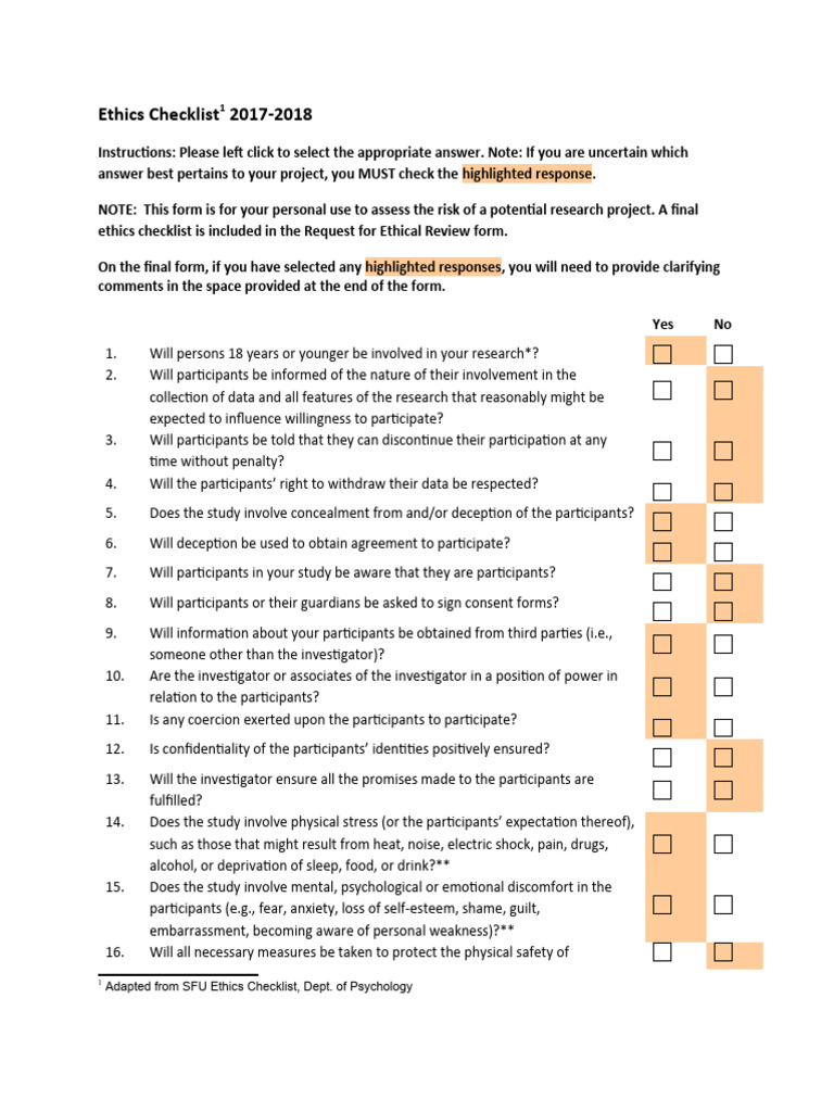 2017 2018 Ethics Checklist 1 | PDF | Informed Consent | Psychology