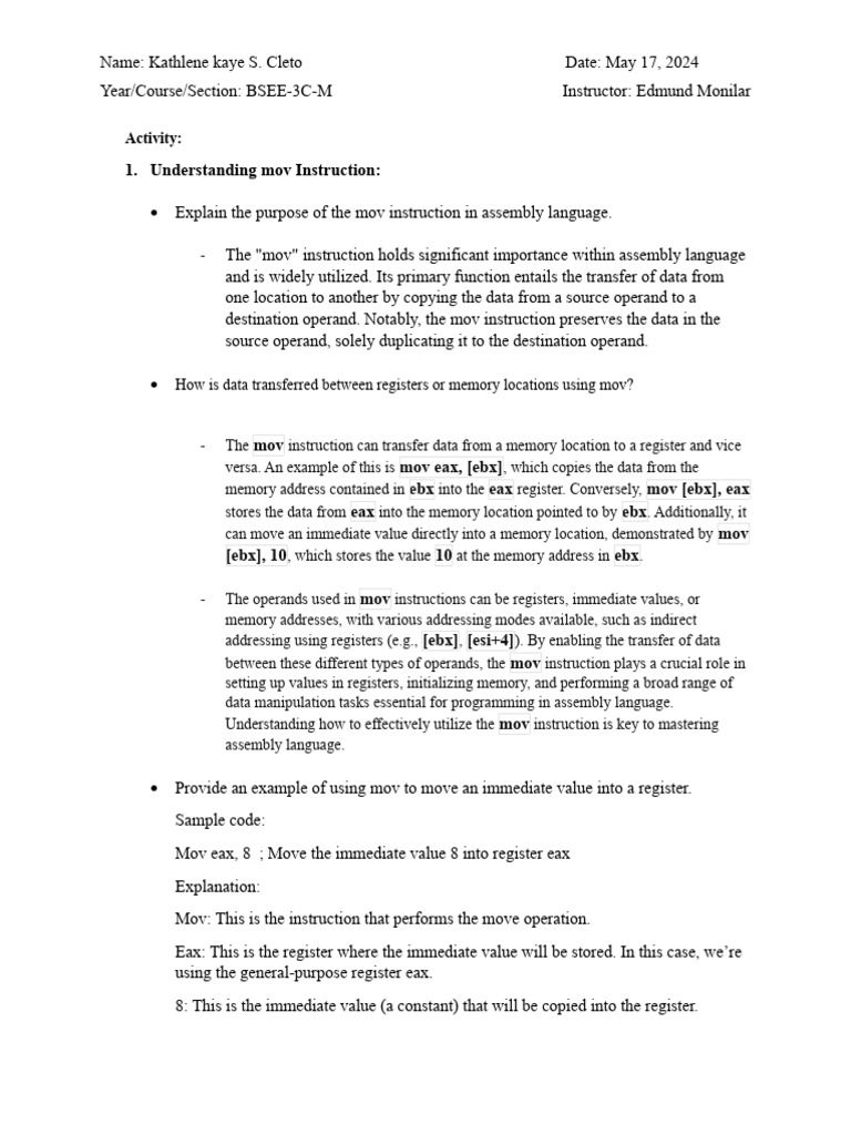 Task Performance Using Emu 8086 1 1 Pdf Assembly Language 5815