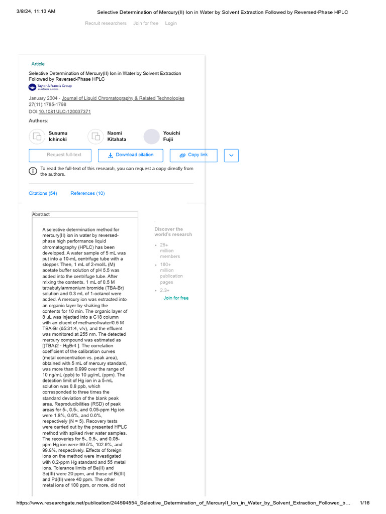 Selective Determination Of Mercury Ii Ion In Water By Solvent Extraction Followed By Reversed
