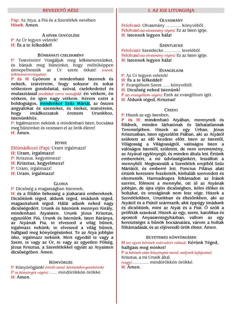 A Szentmise Menete 2oldal | PDF