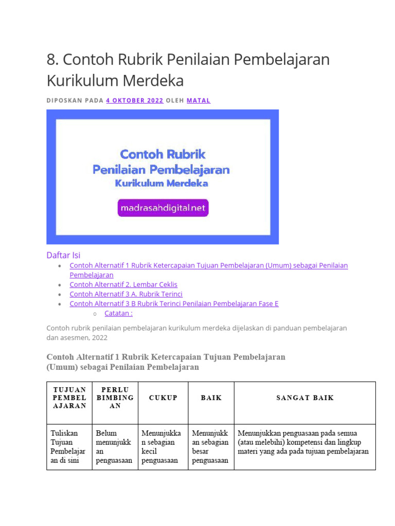 Contoh Rubrik Penilaian Kumer | PDF
