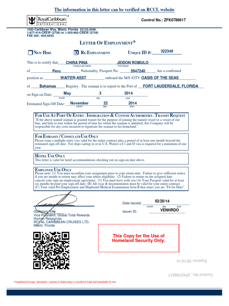 The Information in This Letter Can Be Verified On RCCL Website | PDF ...