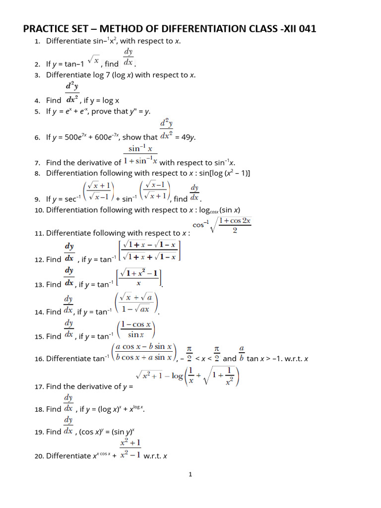 Practice Set Differentiation Xii 2024 | PDF | Trigonometric Functions | Mathematical Analysis