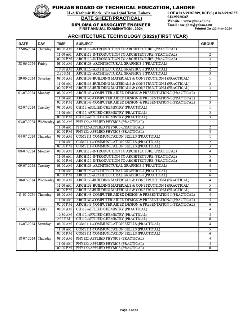 Practical Date Sheet First Year First Annual 2024 Dae | PDF | Engineering | Civil Engineering
