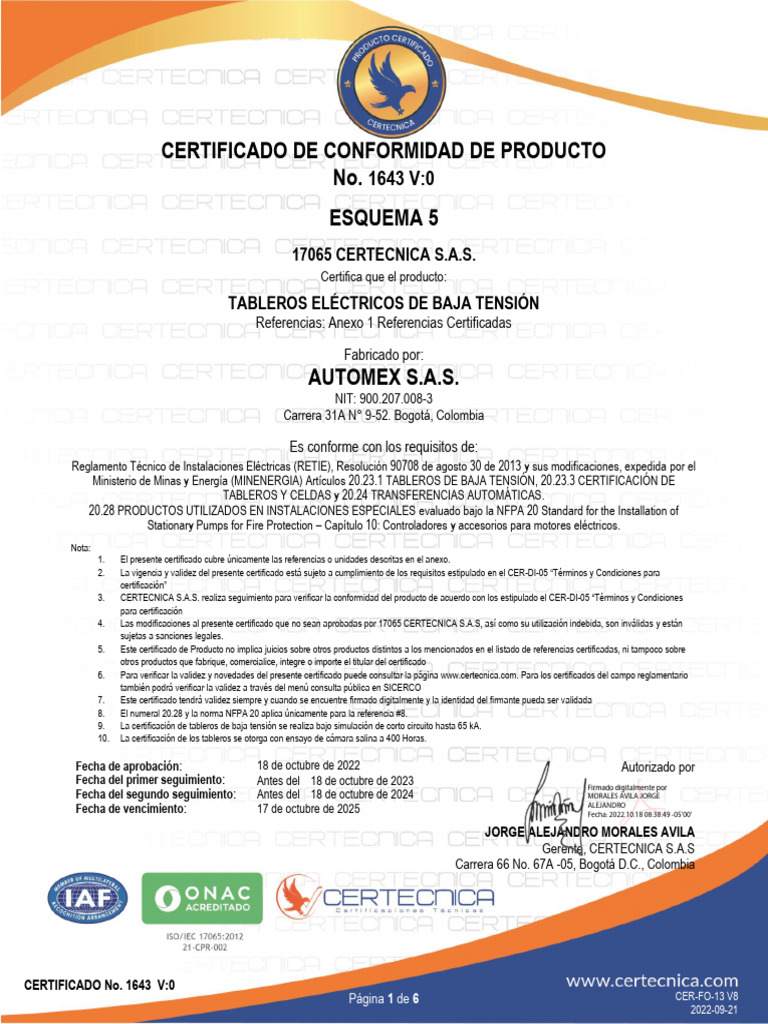 Certificado 1643 Tableros Electricos en Baja Tension | PDF ...