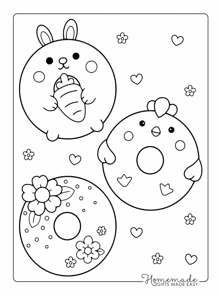 Kawaii Coloring Pages Cute Happy Easter Donuts Bunny Rabbit Chick ...