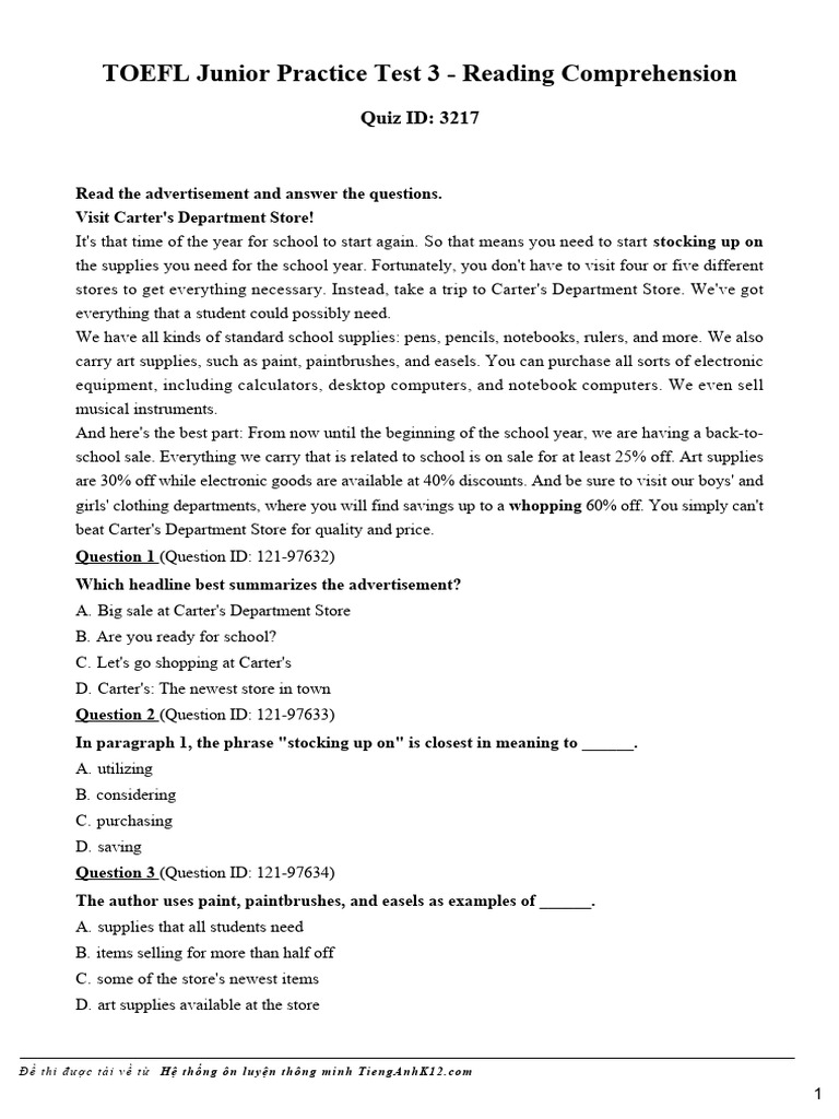 Quiz - 3217 - Toefl Junior Practice Test 3 - Reading Comprehension ...