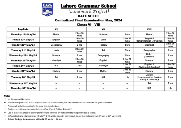 Date Sheet Final Examination May, 2024 | PDF