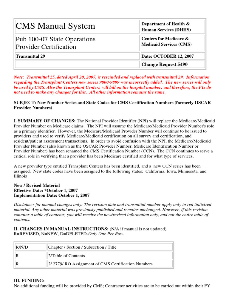 CMS Certification Numbers Update 2007 | PDF | Medicare (United States ...