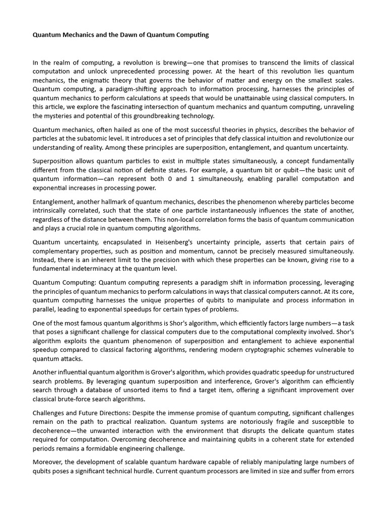 Quantum Mechanics and The Dawn of Quantum Computing | PDF | Quantum ...