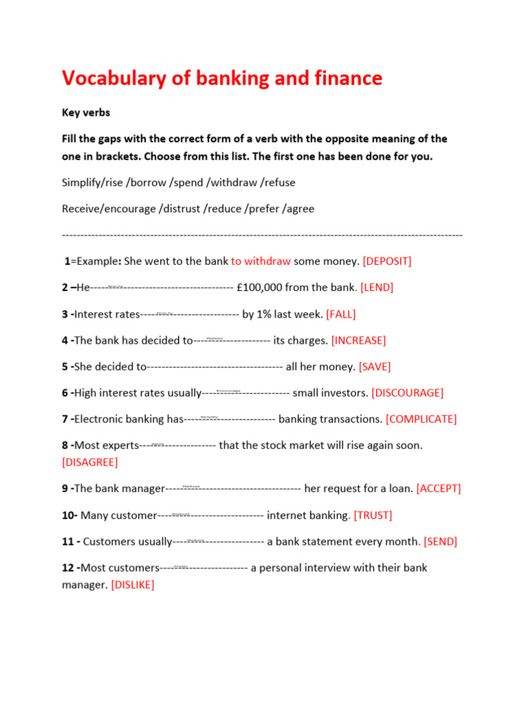Banking and Finance Vocabulary Exercises | PDF | Banks | Money