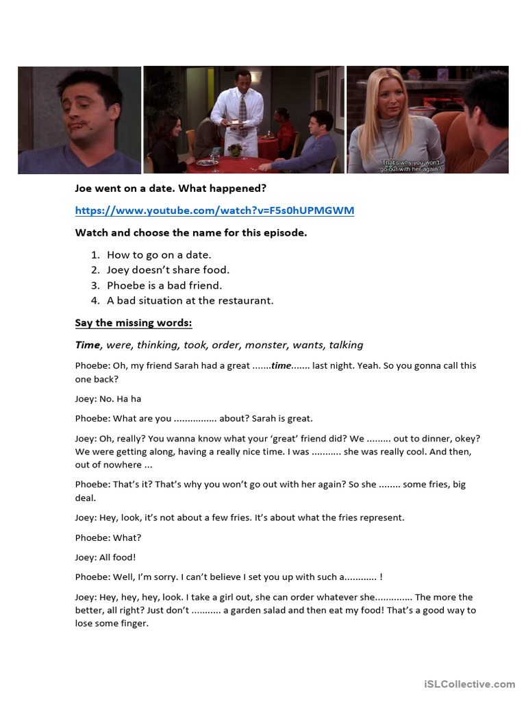 Friends Season 10 Episode - 9 Joey Doesn't Share FOOD. Practice Grammar ...