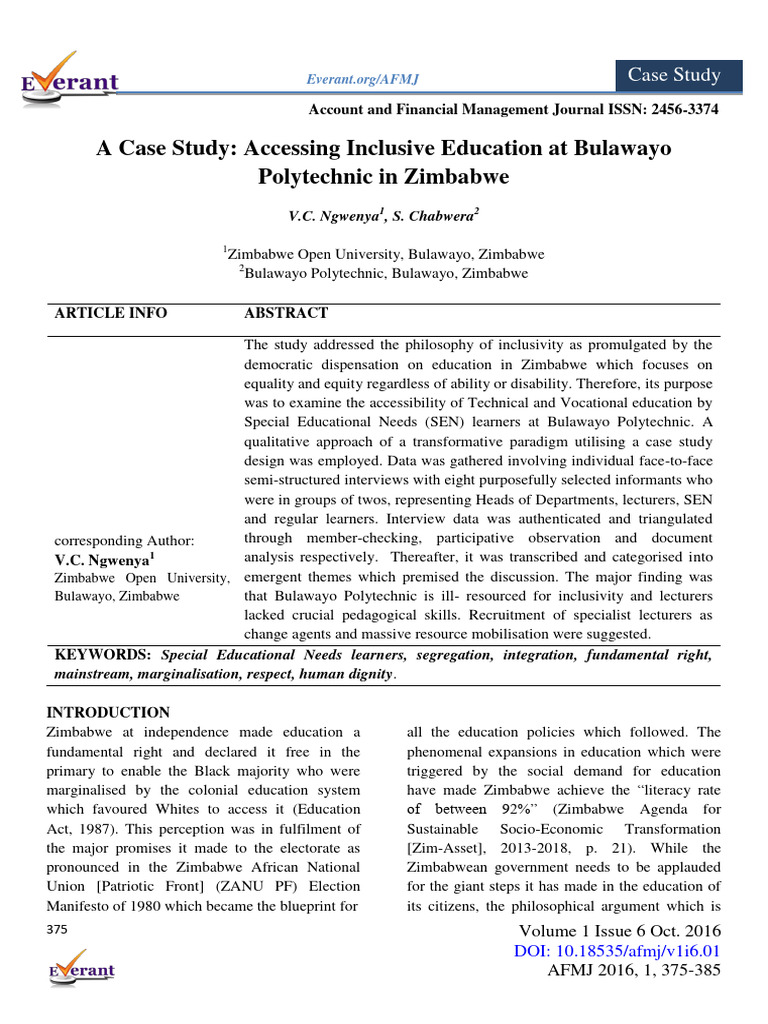 A Case Study: Accessing Inclusive Education at Bulawayo Polytechnic in Zimbabwe | PDF ...