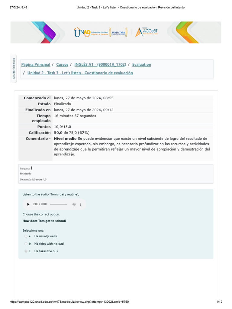 Unidad 2 - Task 3 - Let's Listen - Cuestionario de Evaluación ...