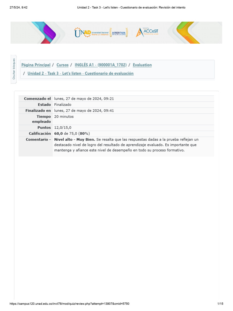 Unidad 2 - Task 3 - Let's Listen - Cuestionario de Evaluación - Revisión Del Inten | PDF