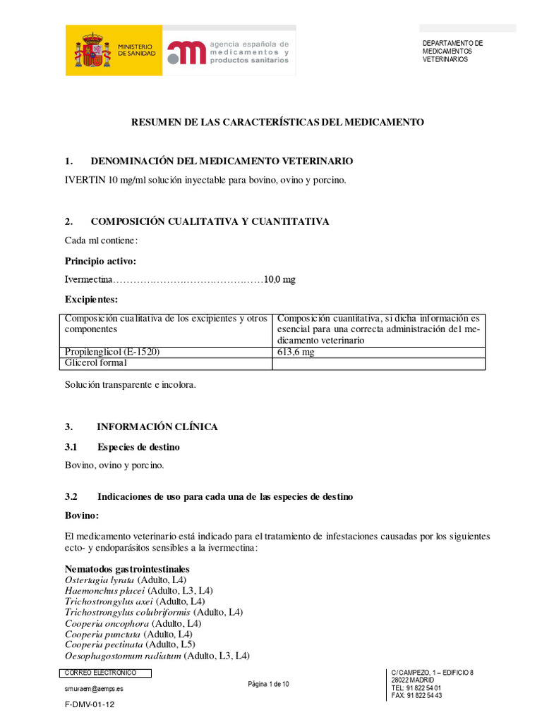 Ivertin: Solución Inyectable Veterinaria | PDF | Medicamentos con ...