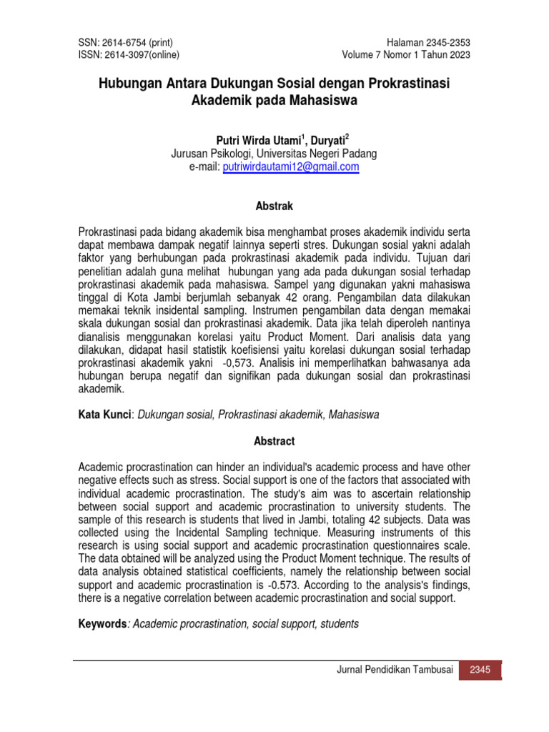 Hubugan Antara Dukungan Sosial Dengan Prokrastinasi Akademik Pada Mahasiswa | PDF