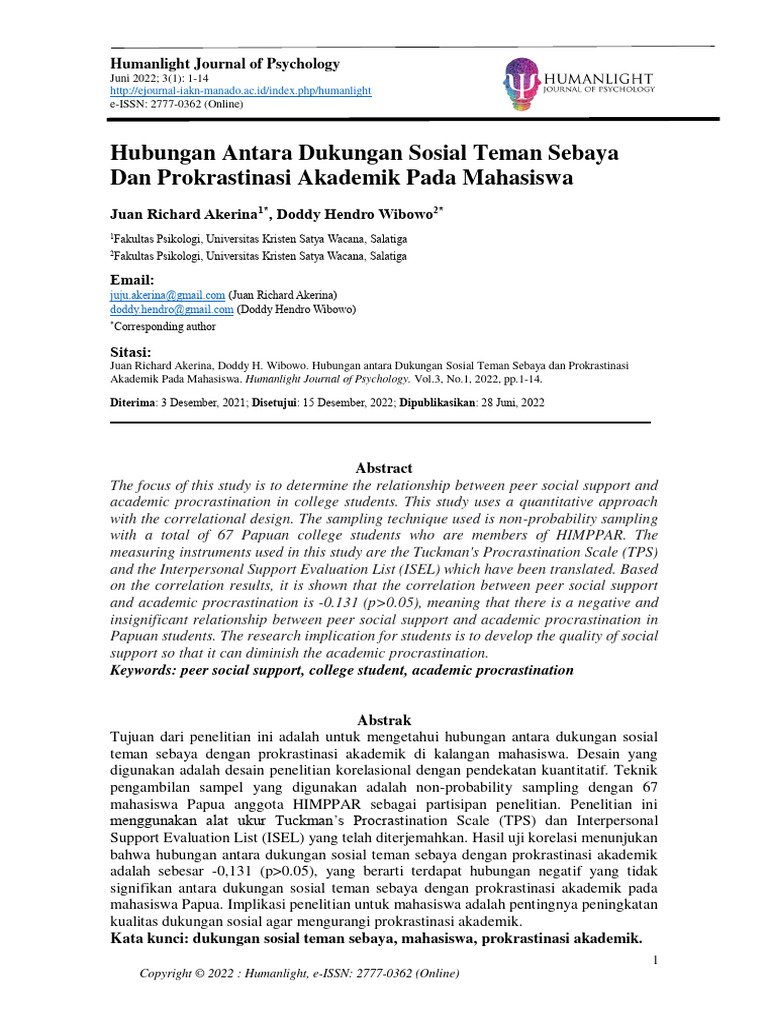 Hubungan Antara Dukungan Sosial Teman Sebaya Dan Prokrastinasi Akademik Pada Mahasiswa | PDF ...