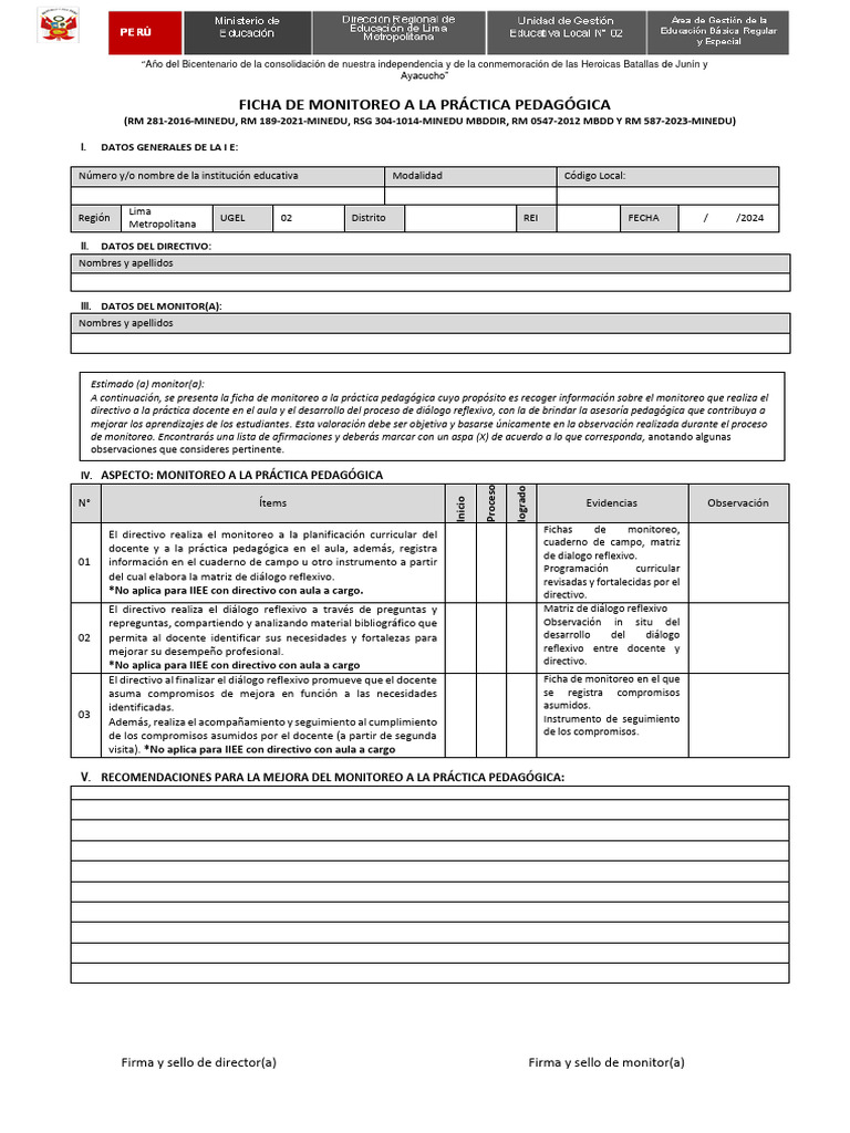Ficha de Monitoreo Practica Pedagogica 2024-VF | PDF | Aprendizaje | Modificación de comportamiento
