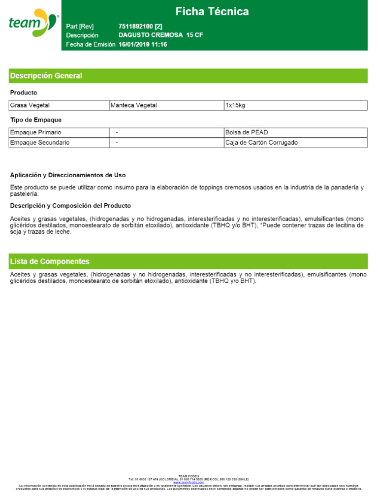 Ficha Tecnica de Grasa Vegetal | PDF
