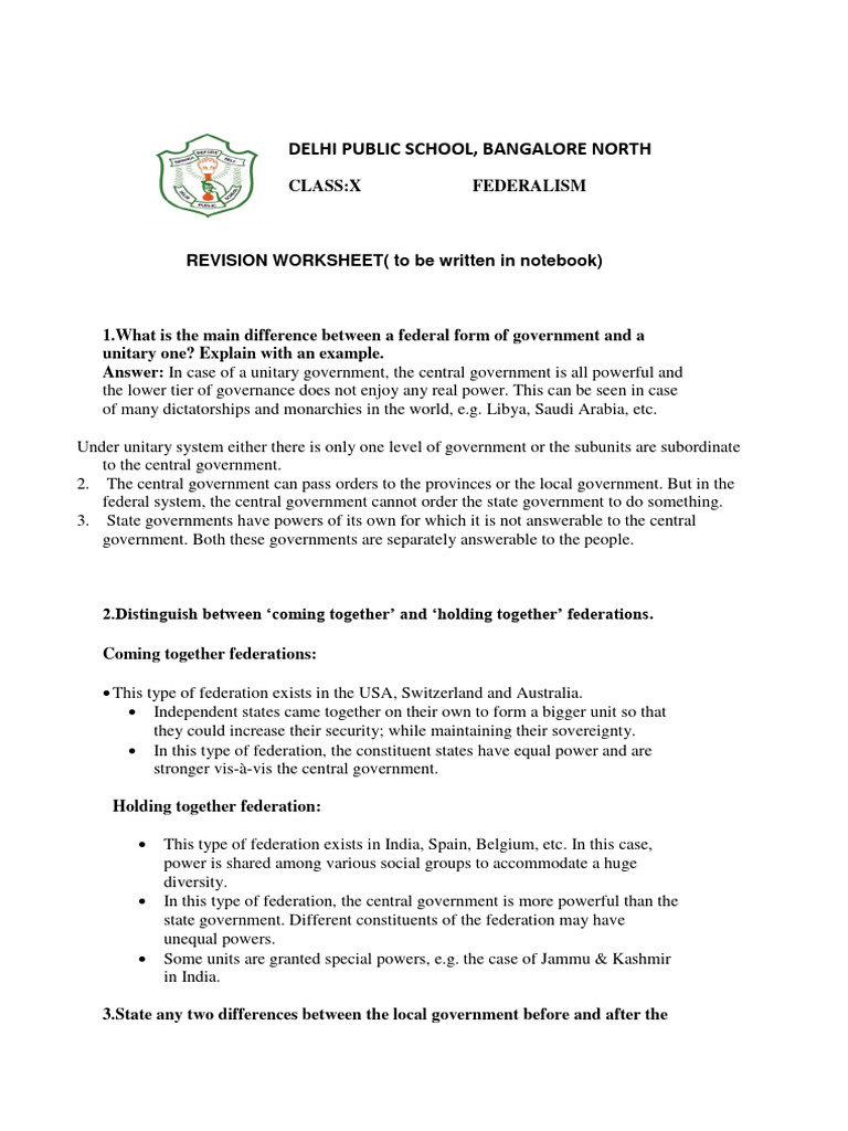 Federalism Revision Worksheet | PDF | Federation | Federalism