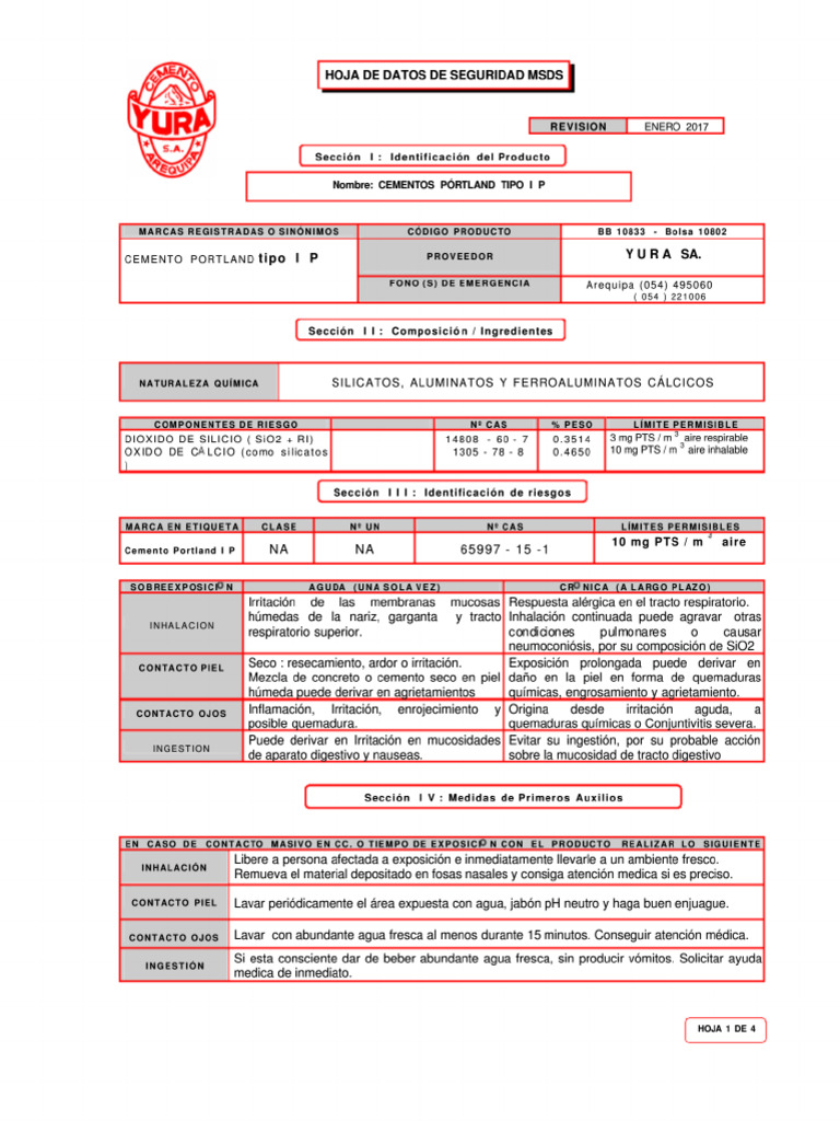 Msds Cemento Portland IP YURA MSDS PDF | PDF
