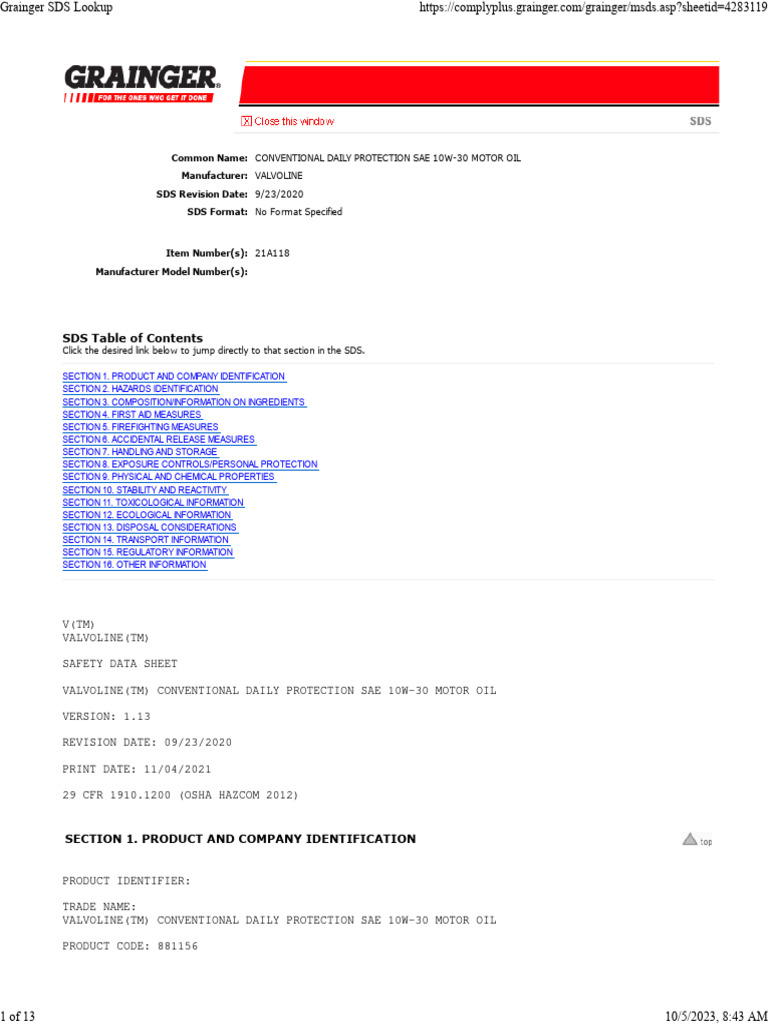 Valvoline Oil 10W30 - Safety Data Sheet | PDF | Dangerous Goods | Toxicity