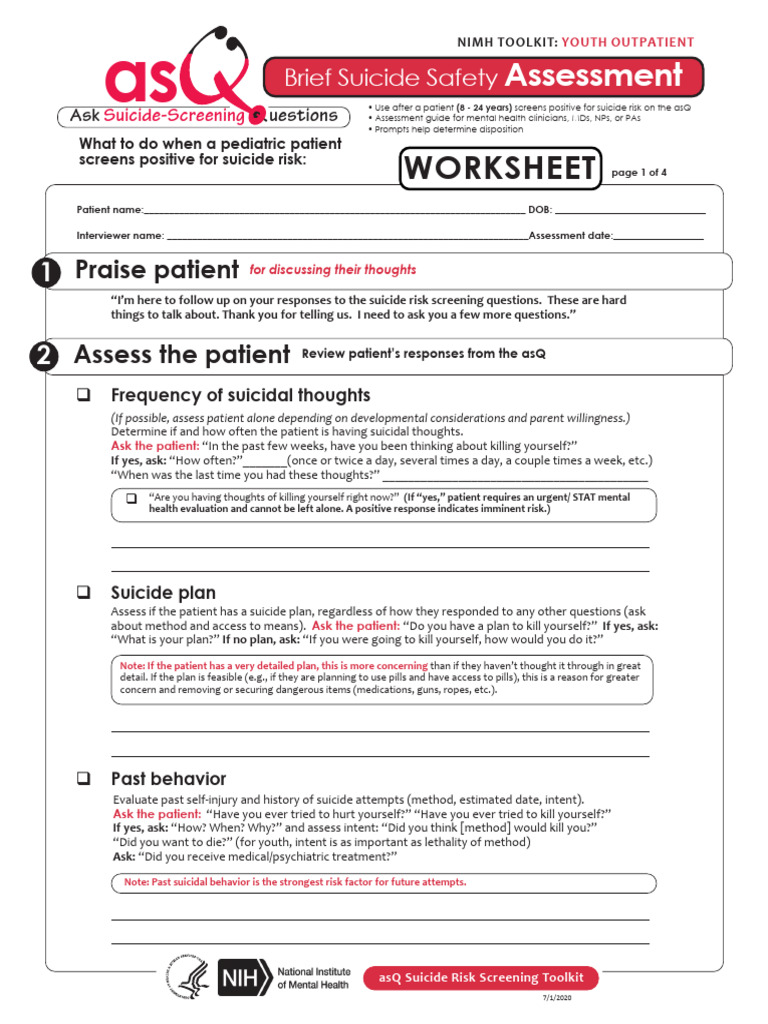 Bssa Worksheet Outpatient Youth Asq Nimh Toolkit | PDF | Suicide ...