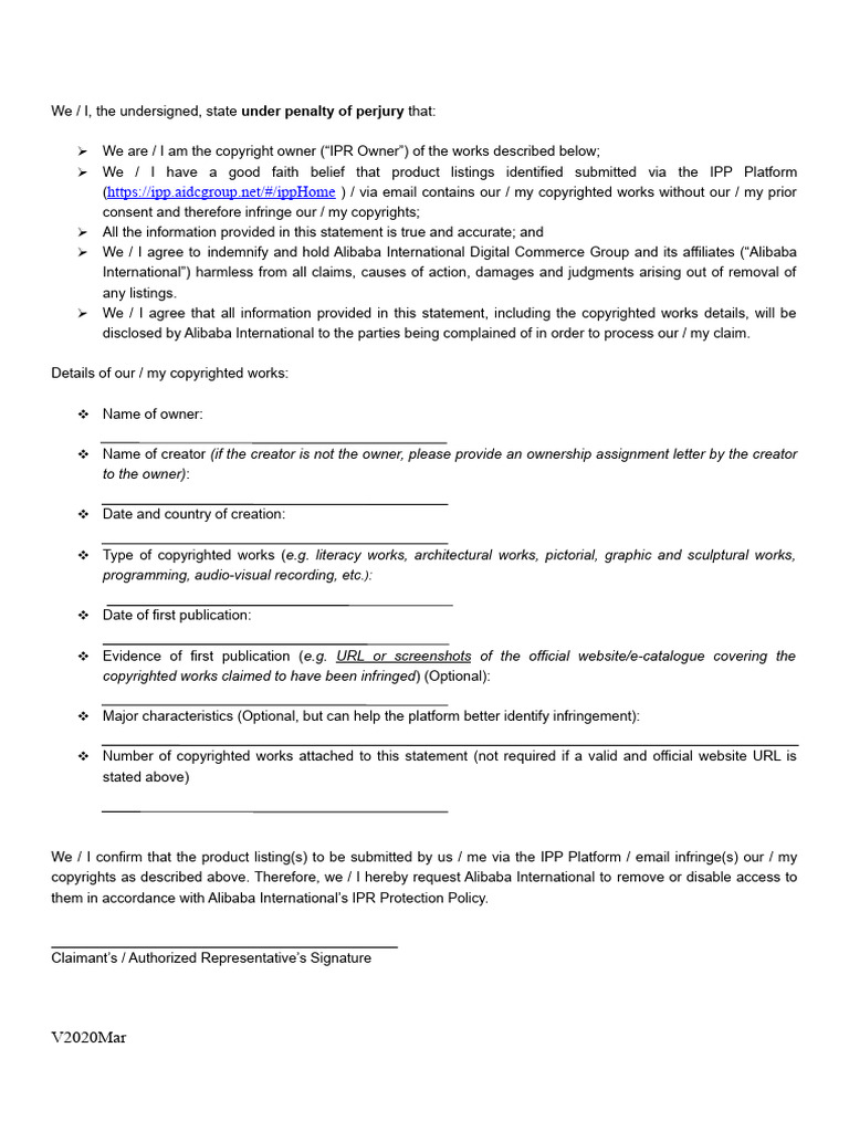 Copyright Infringement Claim Form | PDF