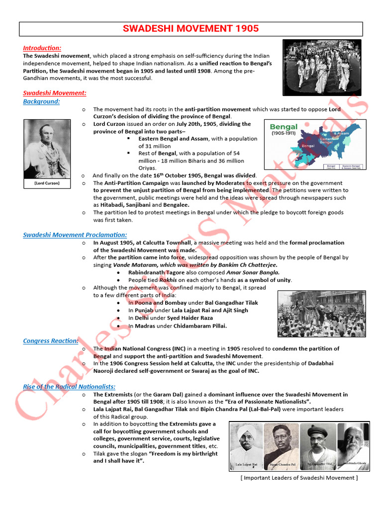 Swadeshi Movement 1905 - History Class Notes of Charles SIR | PDF ...