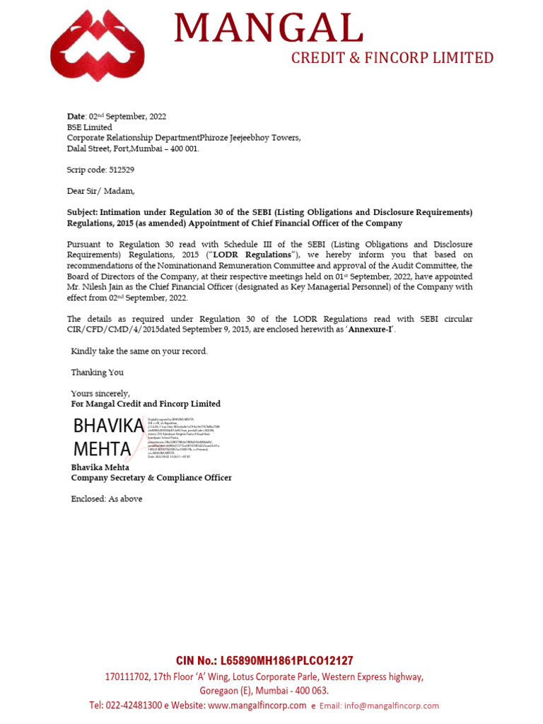 Covering Letter Appointment of CFO | PDF | Chief Financial Officer ...