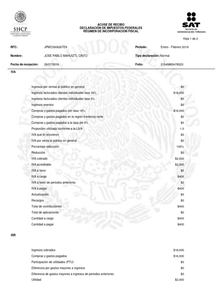 Declaración Fiscal RIF Ene-Feb 2019 | PDF | Impuesto al valor agregado ...