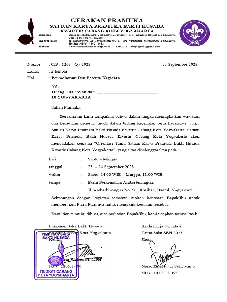 Surat Izin Peserta Kegiatan OTS 2023 | PDF
