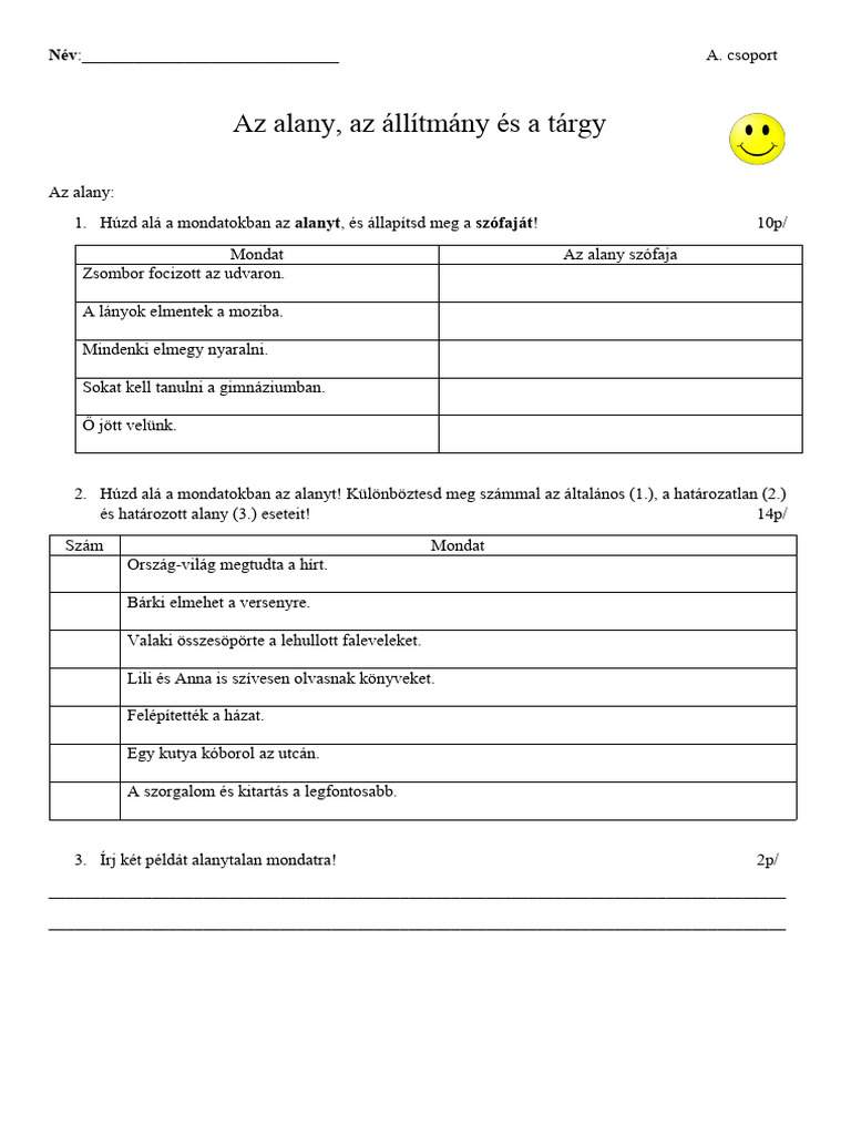 Alany, Állítmány, Tárgy Dolgozat A.csoport | PDF