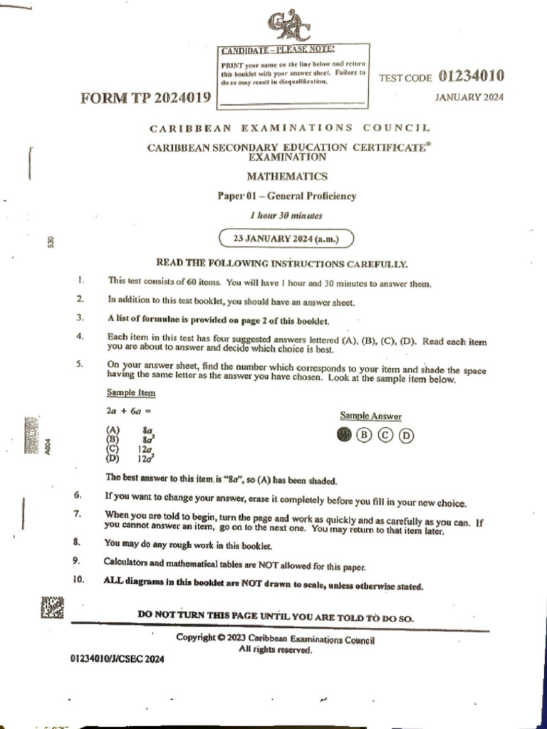CSEC Maths Jan 2024 P1 PDF | PDF | Circle | Area