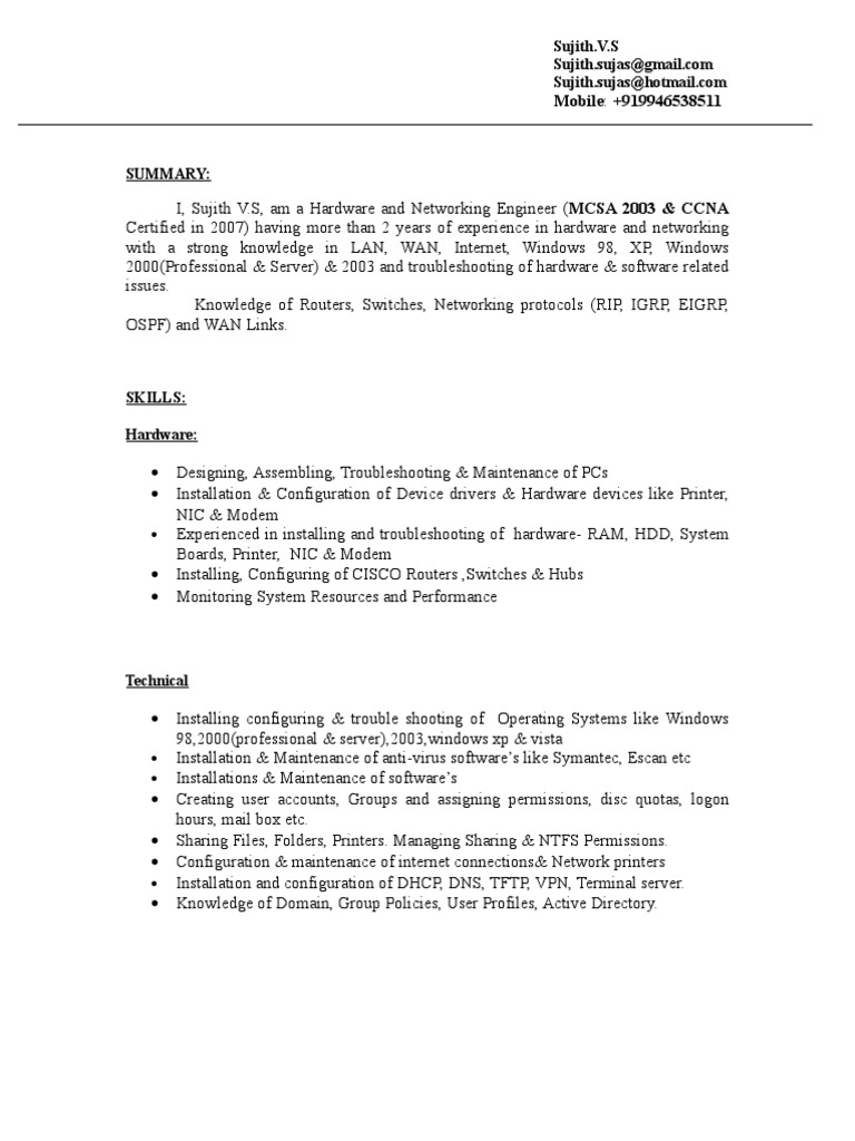 Sujith Resume | PDF | Cisco Certifications | Computer Network