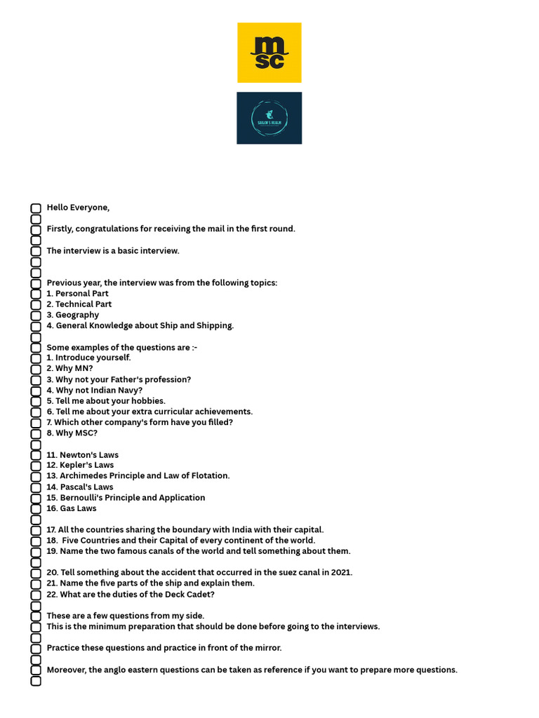 Msc Interview Previous Year Pdf Ships Oil Tanker