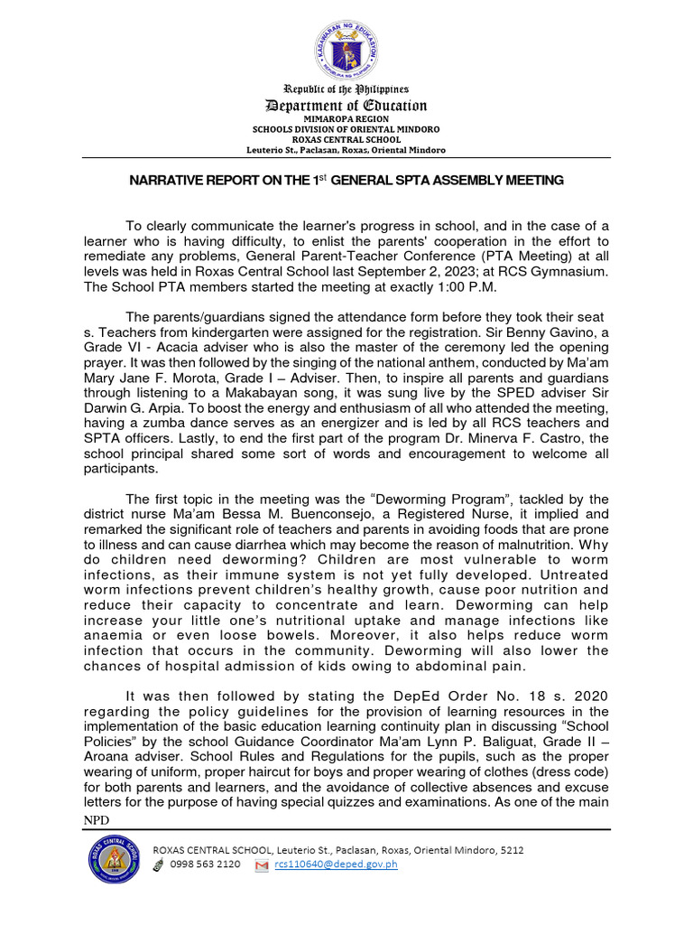 Roxas Central School PTA Meeting Report | PDF | Wash