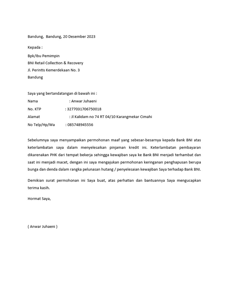 Contoh Surat Permohonan Debitur Baru | PDF